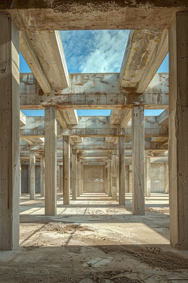 Modern Concrete Room with Pillars, Open Ceiling, and Industrial Floor ...
