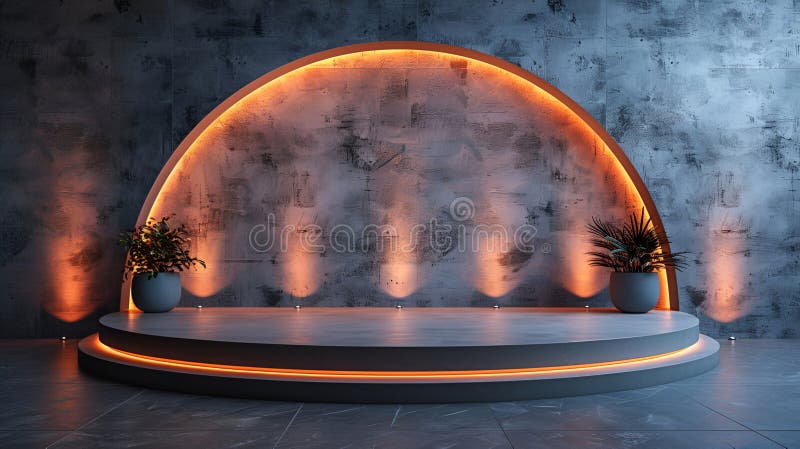 Modern Concrete Stage with Orange Neon Lights and Potted Plants Stock ...
