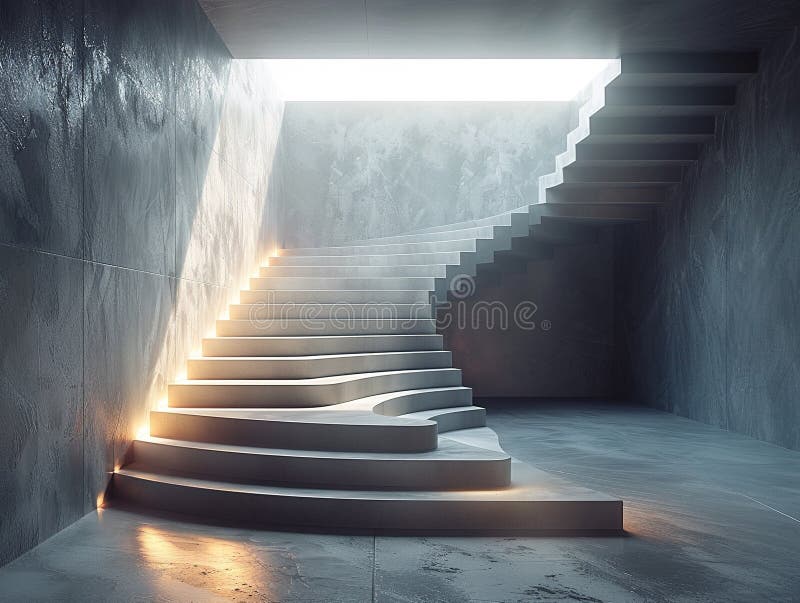 Modern Concrete Staircase with Indirect Lighting Going Up To a Bright ...