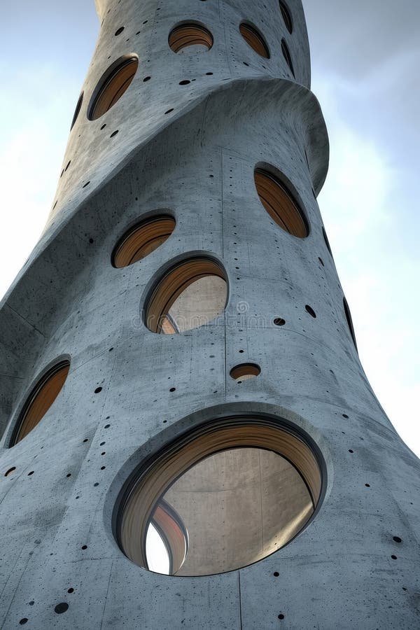 Modern Concrete Tower with Circular Windows Under a Cloudy Sky Stock ...