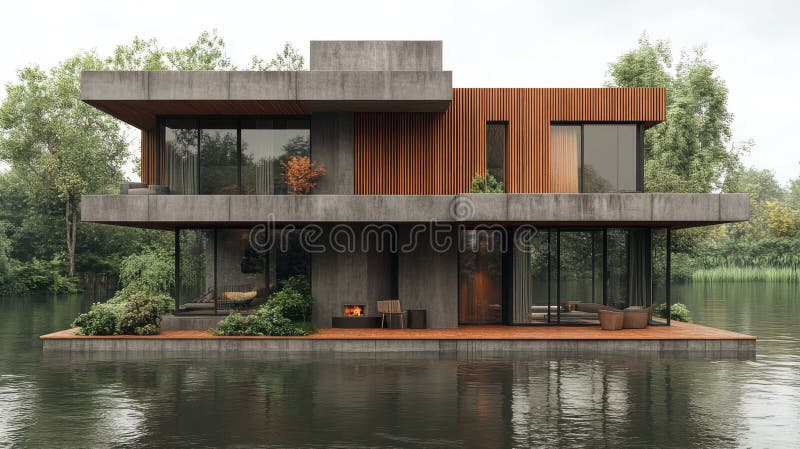 Modern Concrete and Wood Floating House on Calm Water Stock Photo ...