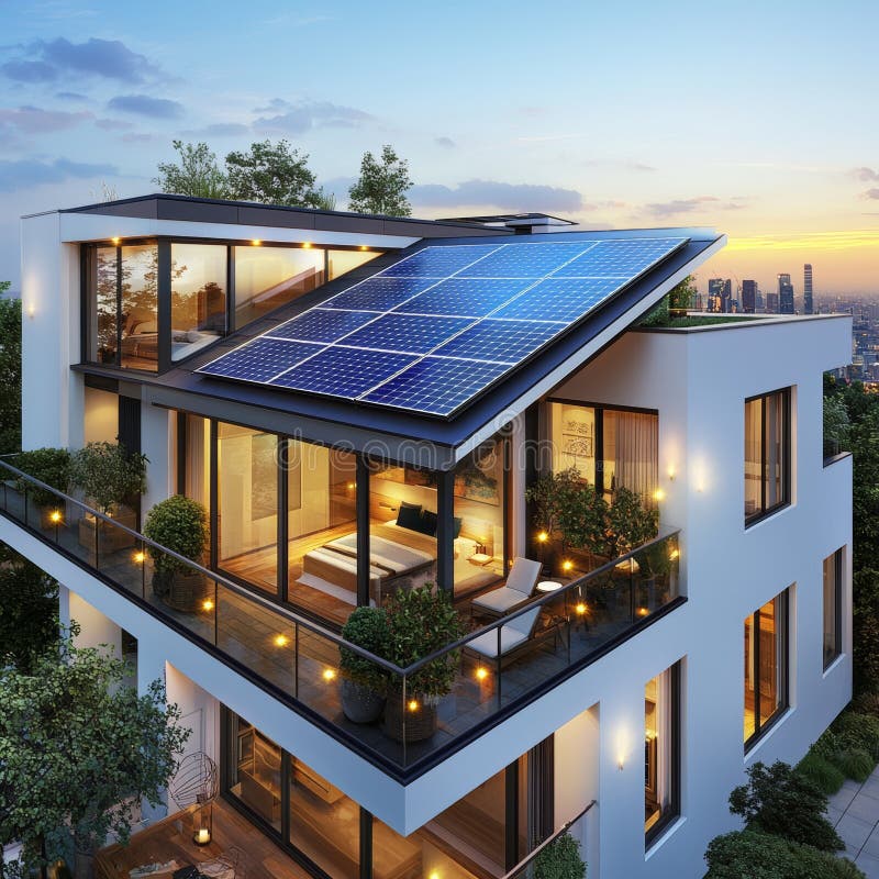 A Modern Condominium with Solar Panels on Its Roof. Stock Photo - Image ...