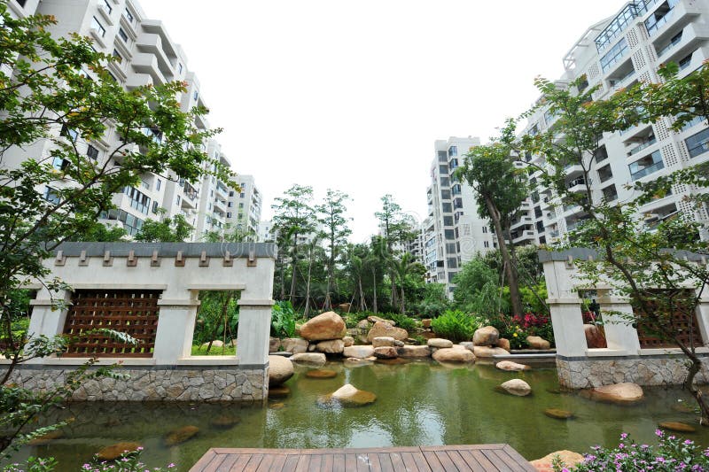 Modern Condominiums Garden Landscaping Stock Photo - Image of grounds ...