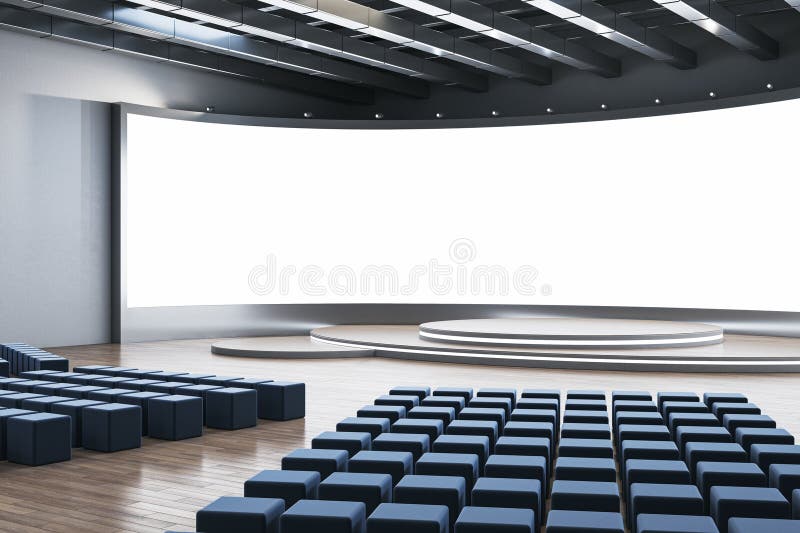 Modern Conference Hall with Empty Seats and a Large Screen on a Raised ...