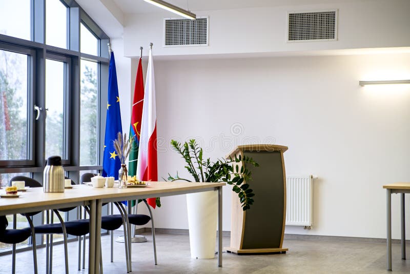 Modern Conference Hall with Flags of Countries Stock Photo - Image of ...