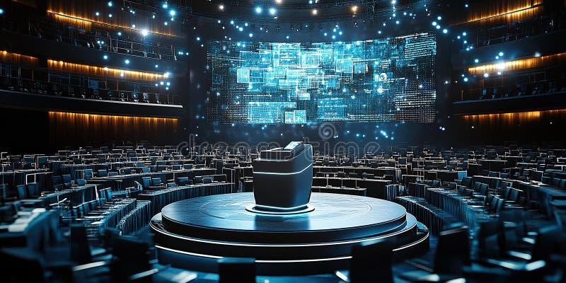 Modern Conference Hall with High-tech Display and Central Speaker ...