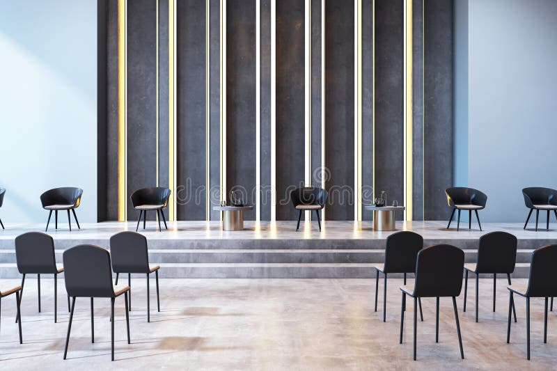 Modern Conference Hall Interior with Empty Chairs and Stage with ...