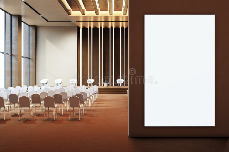 Modern Conference Hall Interior with Empty Seats, Stage, and Large ...