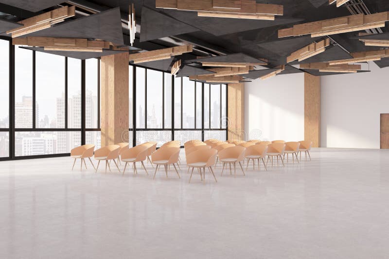Modern Conference Hall Interior with Panoramic City View and Audience ...