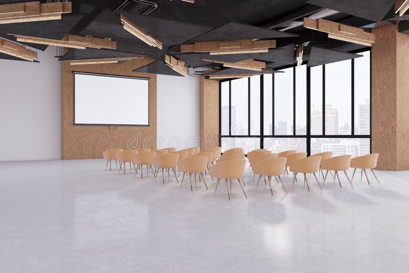 Modern Conference Hall Interior with Panoramic City View, Empty White ...