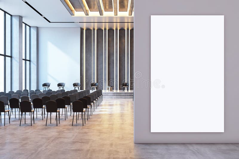 Modern Conference Hall Interior with Rows of Chairs, a Stage, and a ...