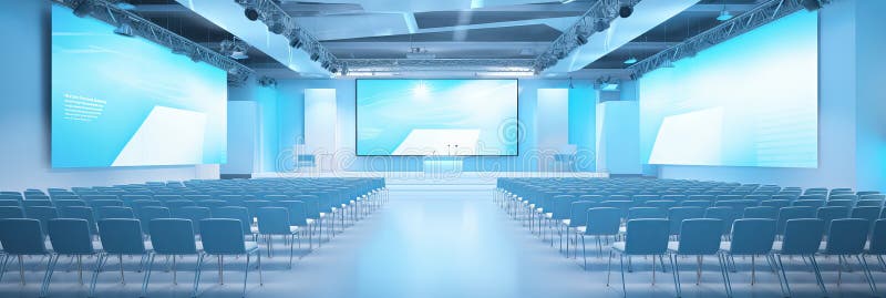 Modern Conference Hall Ready for a Technology Event with Bright Blue ...