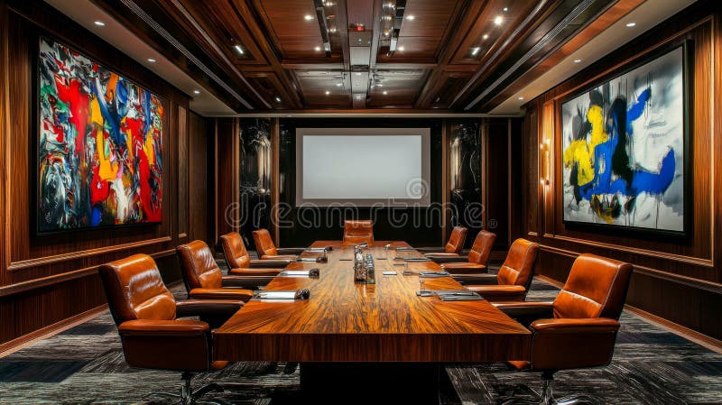 Modern Conference Room with Abstract Art and Wooden Table Stock ...