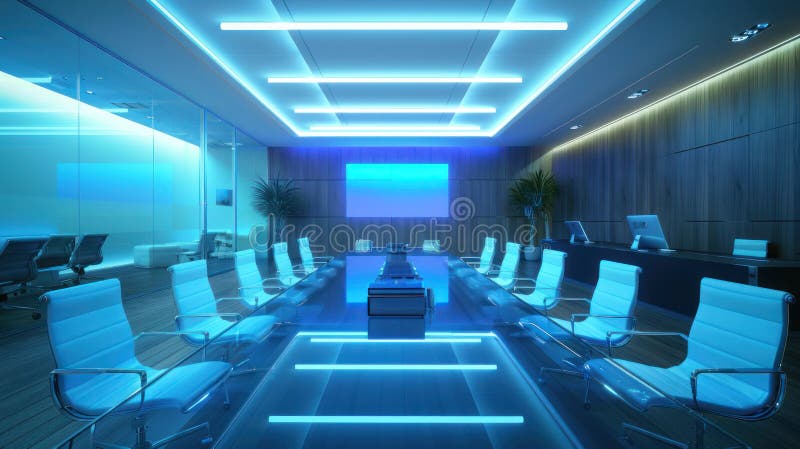 A Modern Conference Room with Ambient LED Lighting and Integrated Tech ...
