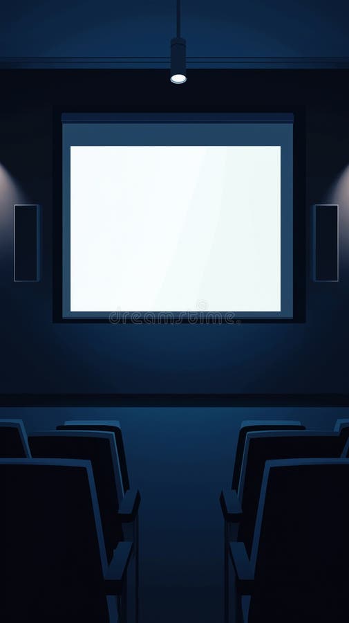 Modern Conference Room with a Blank Projection Screen, Chairs, and Dim ...