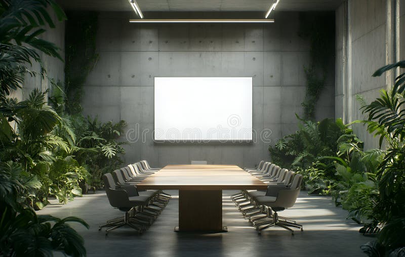 Modern Conference Room with Blank Screen Tropical Plants and Wooden ...