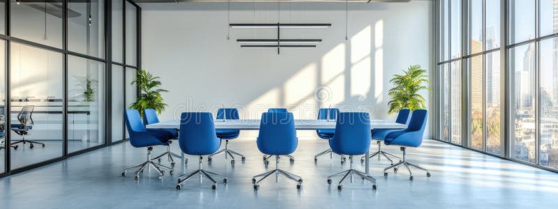 Modern Conference Room with Blue Chairs and City View during Daylight ...