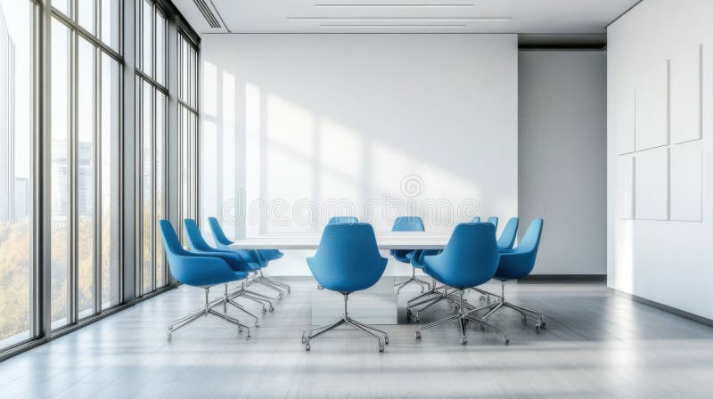Modern Conference Room with Blue Chairs and Large Windows Allowing ...