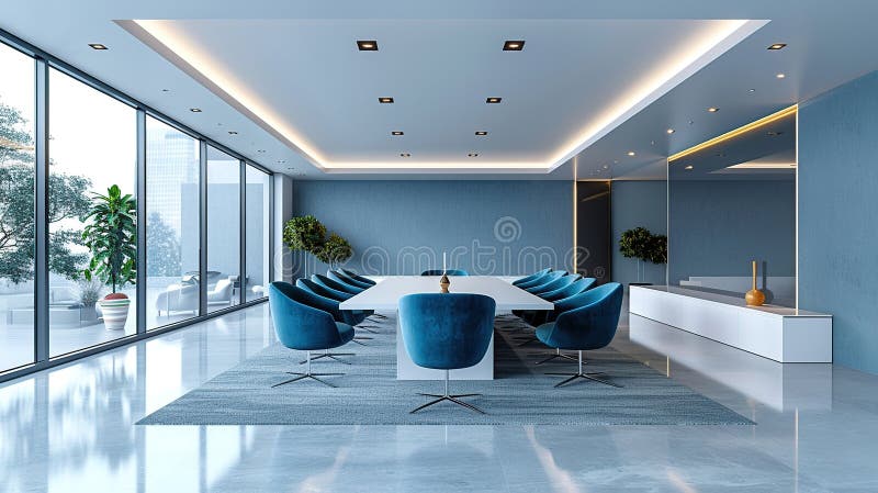 Modern Conference Room with Blue Chairs and White Table Stock ...