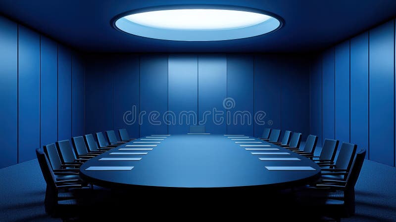 Modern Conference Room with Blue Lighting and Round Table Design Stock ...