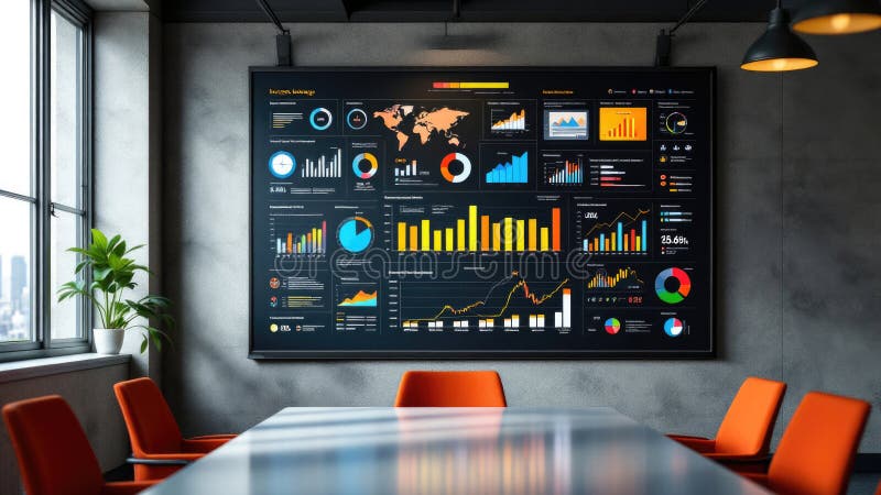 Modern Conference Room with Business Analytics Dashboard Displayed on ...