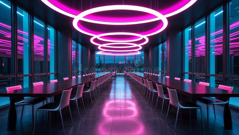 Modern Conference Room with Circular Hanging Lights Illuminating Long ...