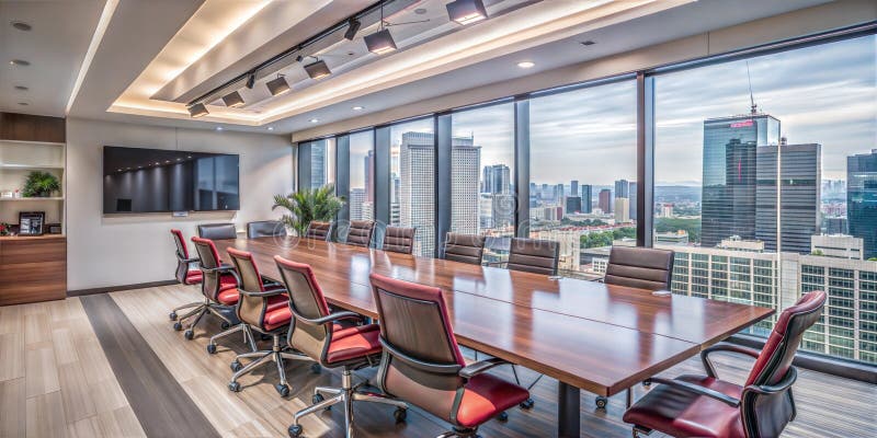 Modern Conference Room with City Skyline View and Large Table Stock ...
