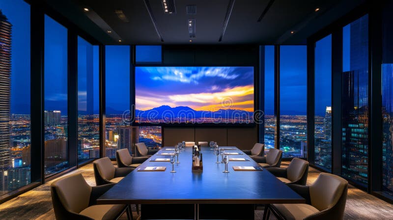 Modern Conference Room with City Skyline View and Sunset Projection ...