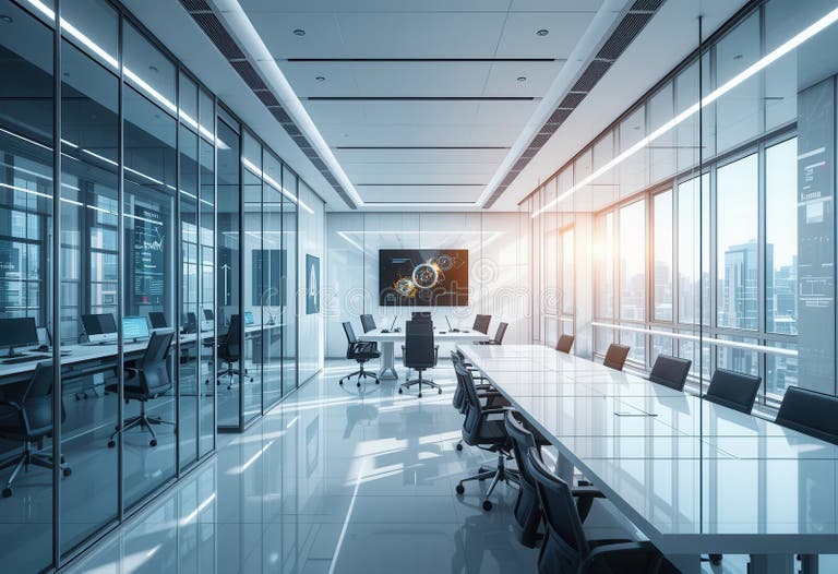 Modern Conference Room with City View and Advanced Technology Setup ...