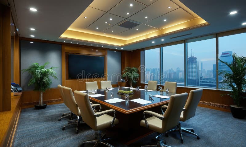 Modern Conference Room with City View, Elegant Design, Large Table ...