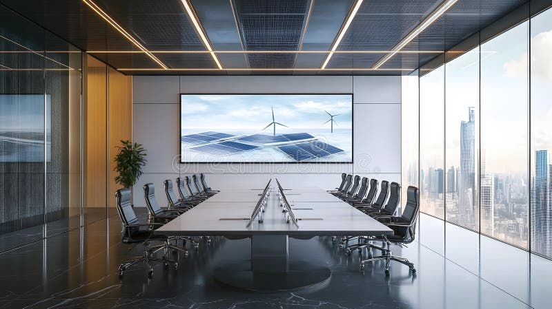 Modern Conference Room with City View and Large Screen Display Stock ...