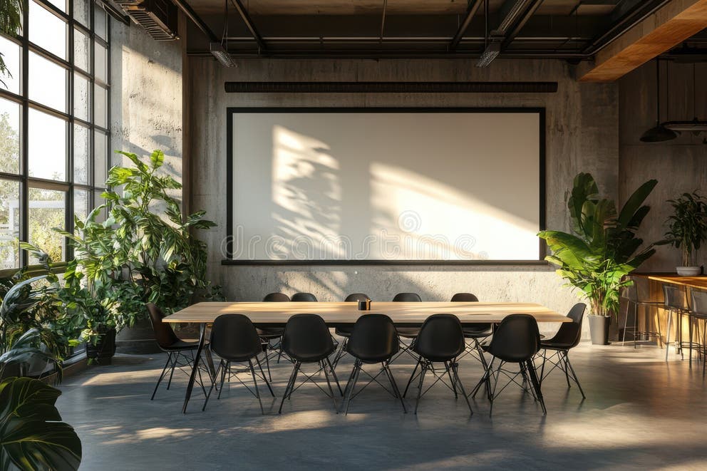 Modern Conference Room Design with Large Screen and Plants Stock ...