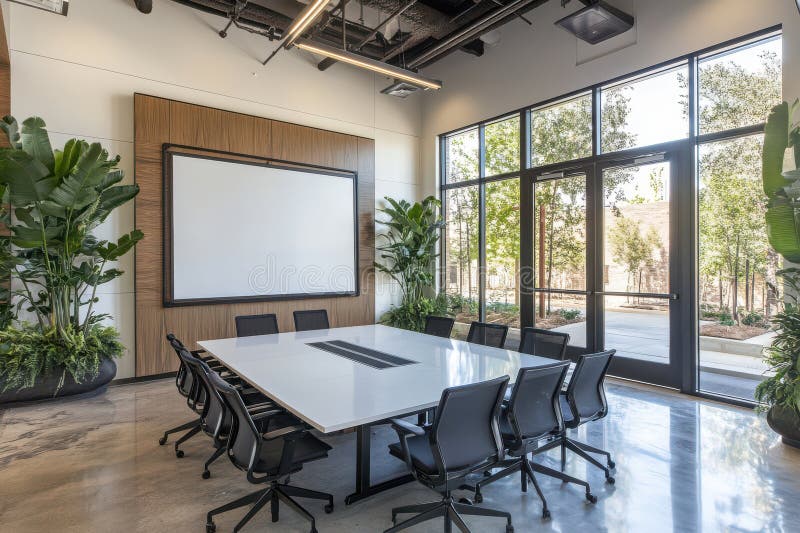 Modern Conference Room Design White Table Large Screen Plants Stock ...