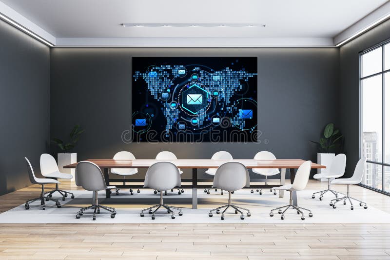 Modern Conference Room with Digital Email Network on World Map Screen ...