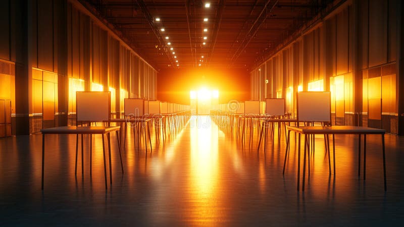 Modern Conference Room with Empty Chairs and Tables at Sunset Stock ...