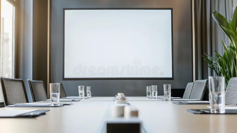 Modern Conference Room with Empty Screen, Table Set for Meeting Stock ...