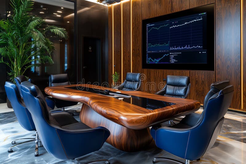 Modern Conference Room with Executives in Video Call Discussing Charts ...