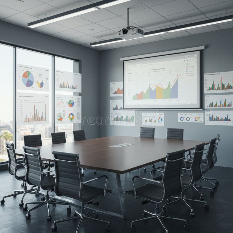 Modern Conference Room Featuring a Large Rectangular Wooden Table Surrounded by Stock ...