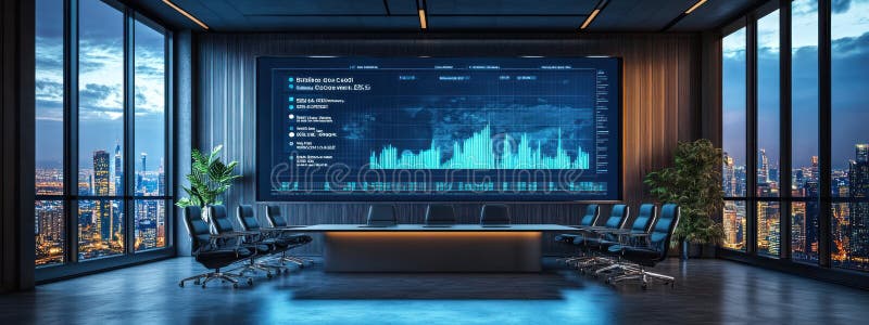 A Modern Conference Room Featuring Large Screen Displaying Data ...