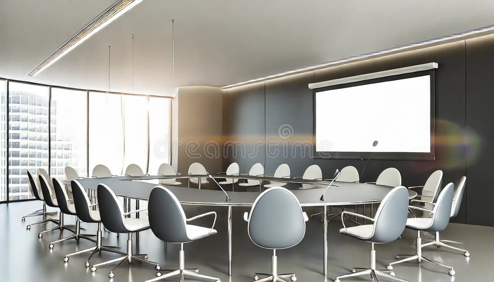 Modern Conference Room with Oval Table, Designer Chairs, and Large ...