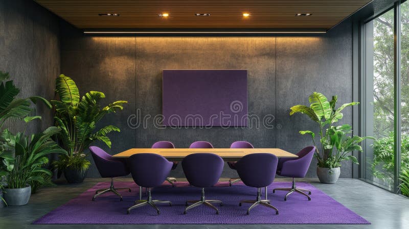 Modern Conference Room Featuring Purple Chairs and Lush Greenery Stock ...
