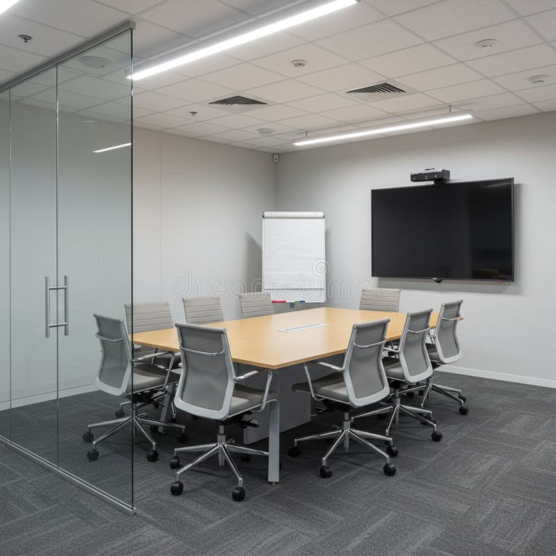 Modern Conference Room Featuring a Rectangular Wooden Table Surrounded ...