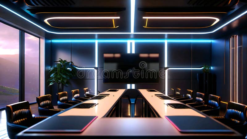 Modern Conference Room with Futuristic Design and City View Stock ...