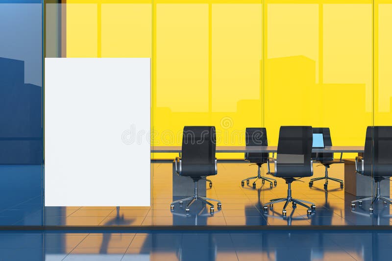 Modern Conference Room with Glass Windows and Yellow Backdrop. 3D ...