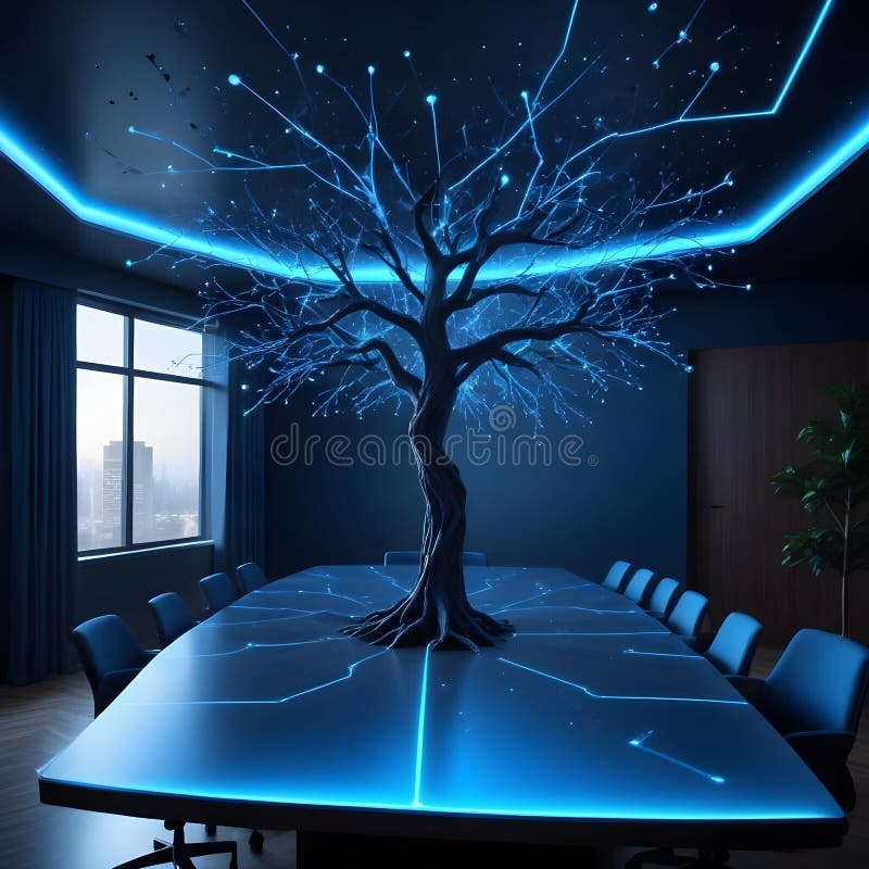 Modern Conference Room with a Glowing Blue Tree Centerpiece Symbolizing ...