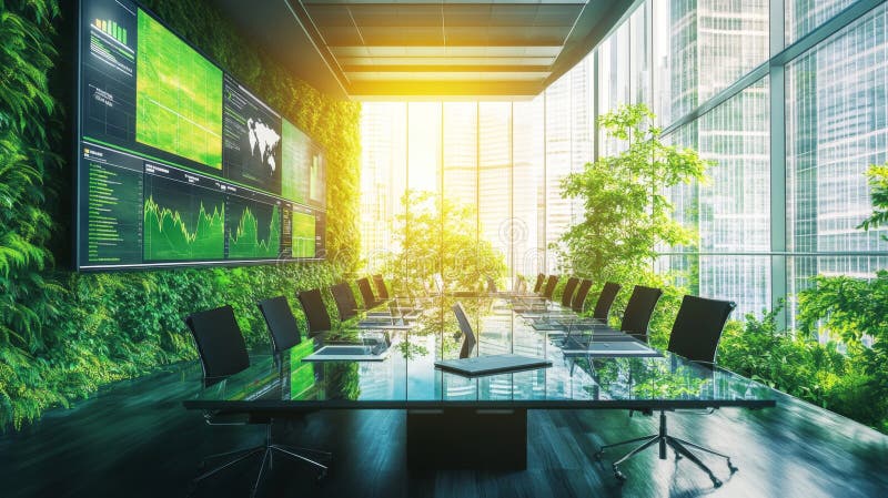 Modern Conference Room with Greenery and Technology Stock Illustration ...