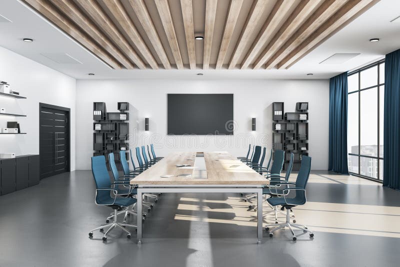 Modern Conference Room Interior with Blank Tv Screen Stock Illustration ...