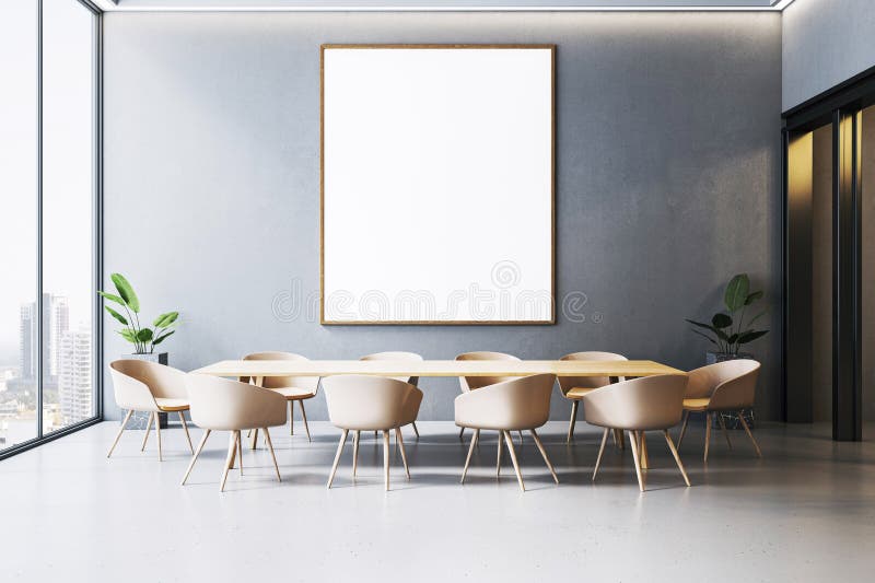 Modern Conference Room Interior with Blank Vertical Canvas Frame on ...