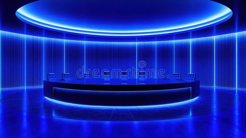Modern Conference Room Interior with Blue Lighting and Circular Table ...