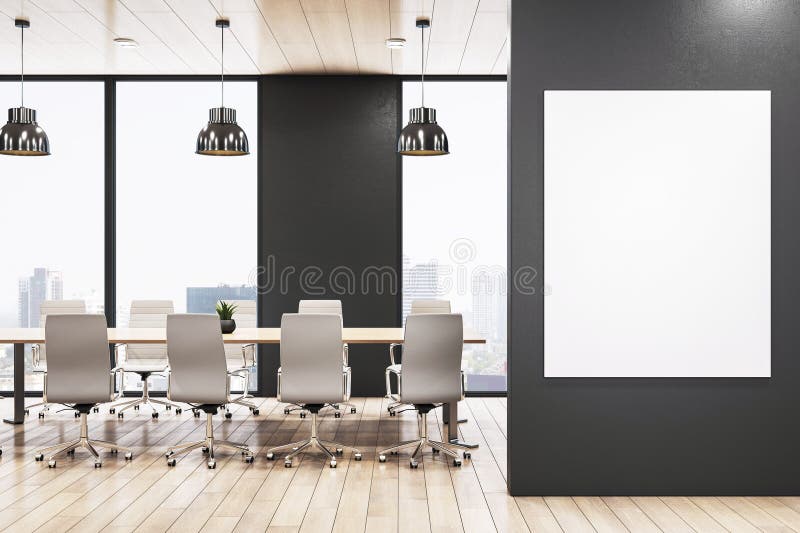 Modern Conference Room Interior with Large Vertical Mockup Canvas on ...